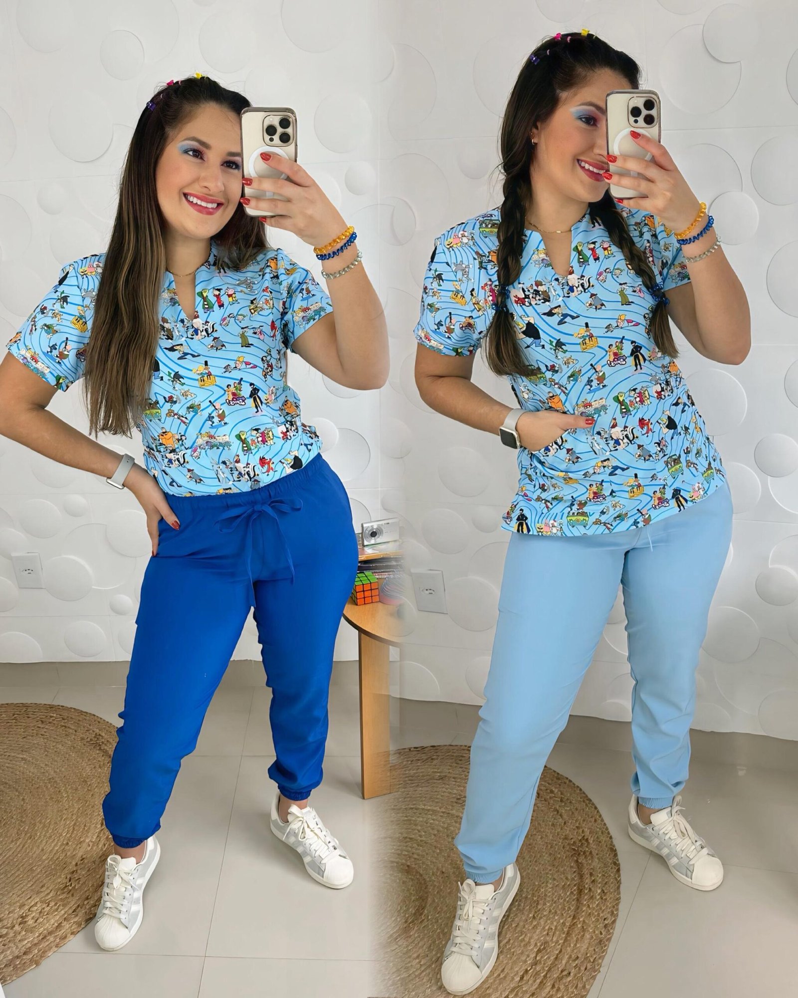 Conjunto Scrub Retrô Azul Estampado – Linia Scrubs